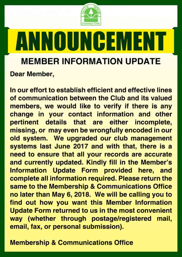 Membership Information Update | Valle Verde Country Club, Inc.