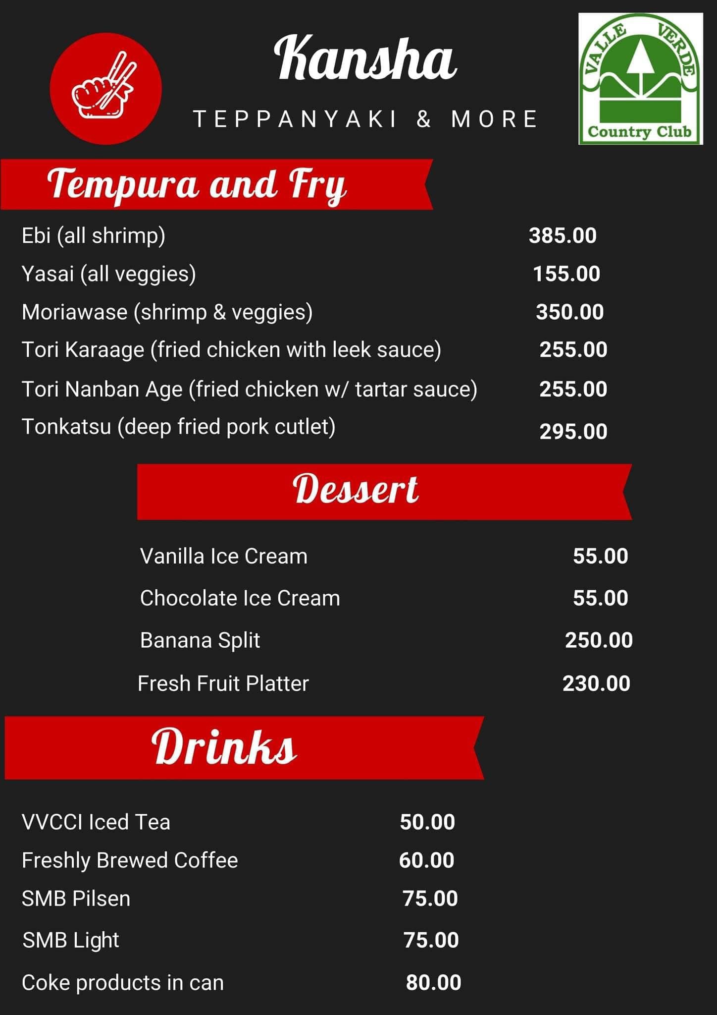 KANSHA Teppanyaki & More MENU | Valle Verde Country Club, Inc.