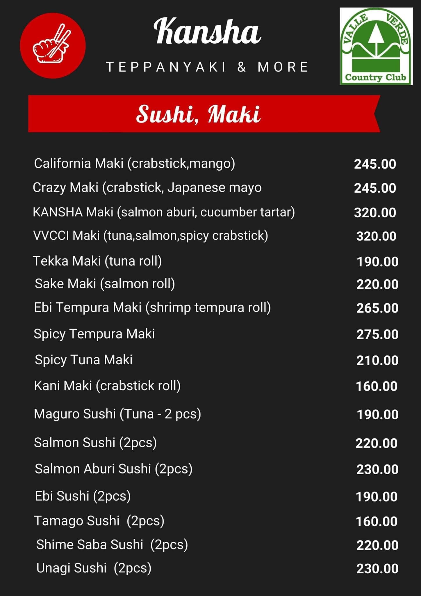 Kansha Teppanyaki Menu | Valle Verde Country Club, Inc.